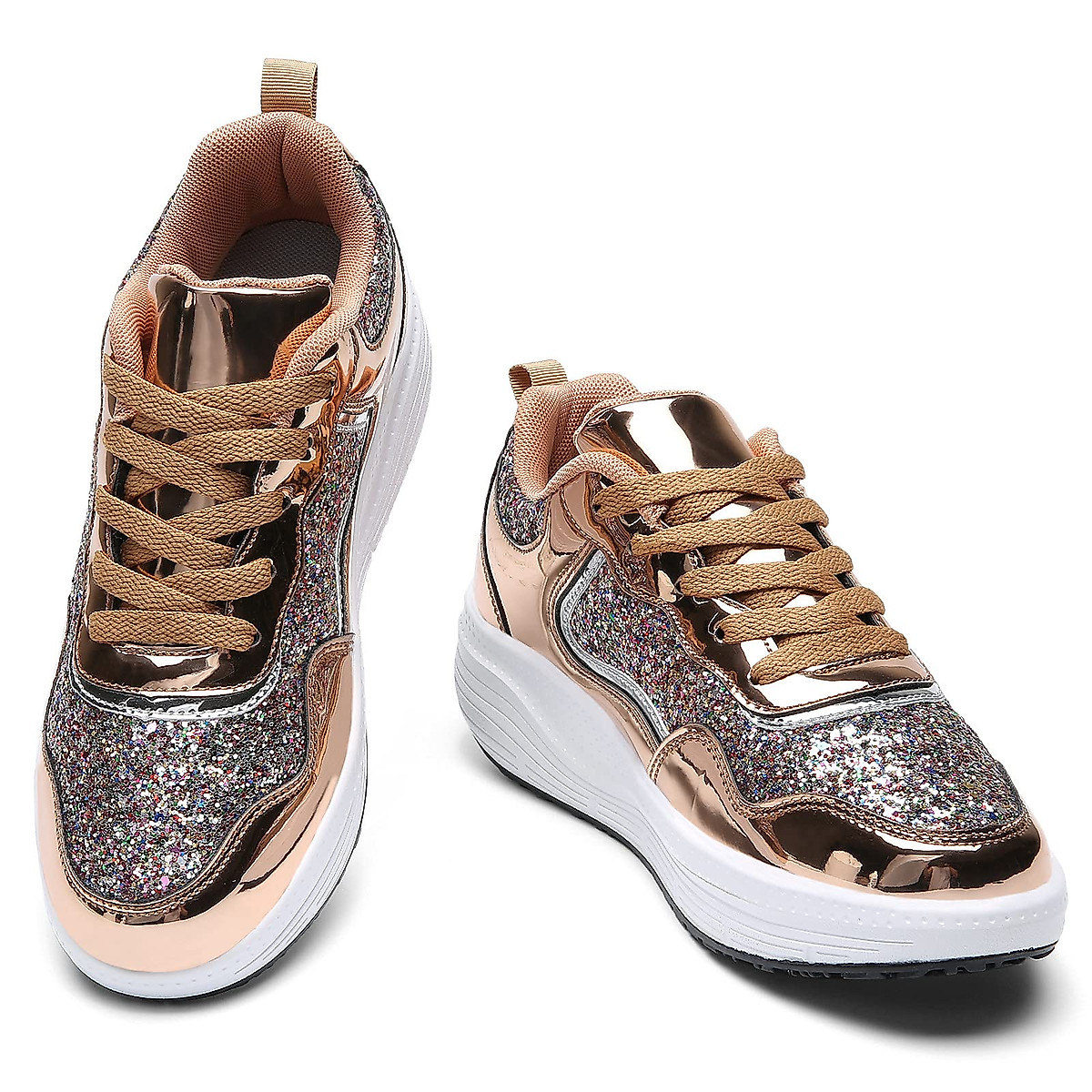 kkdom Women's Walking Shoes Glitter Comfort Lightweight Wedge Platform Athletic Tennis Sneakers Gold US Size 10
