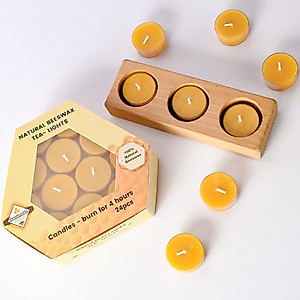 100% Pure Beeswax Candles Bulk Tealights ( 24 pack ) - 4 Hour Long Burning Clear Cup Tea Light, Natural Bee Wax | Yellow Scented Smokeless Candles