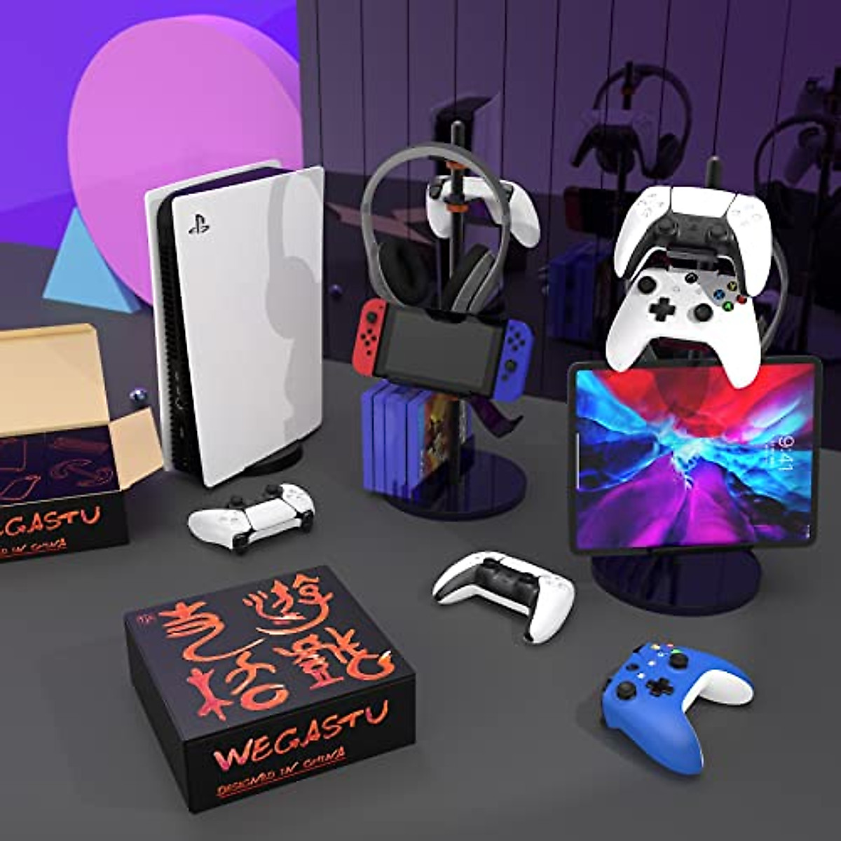 WEGASTU Headphone Stand & Dual Controller Holder for PS5 Xbox Controller Switch PC Headphone Height Adjustable & Stents Rotating Gamers Gaming Accessories Desk Aluminum Support&Thickened ABS (Blue)