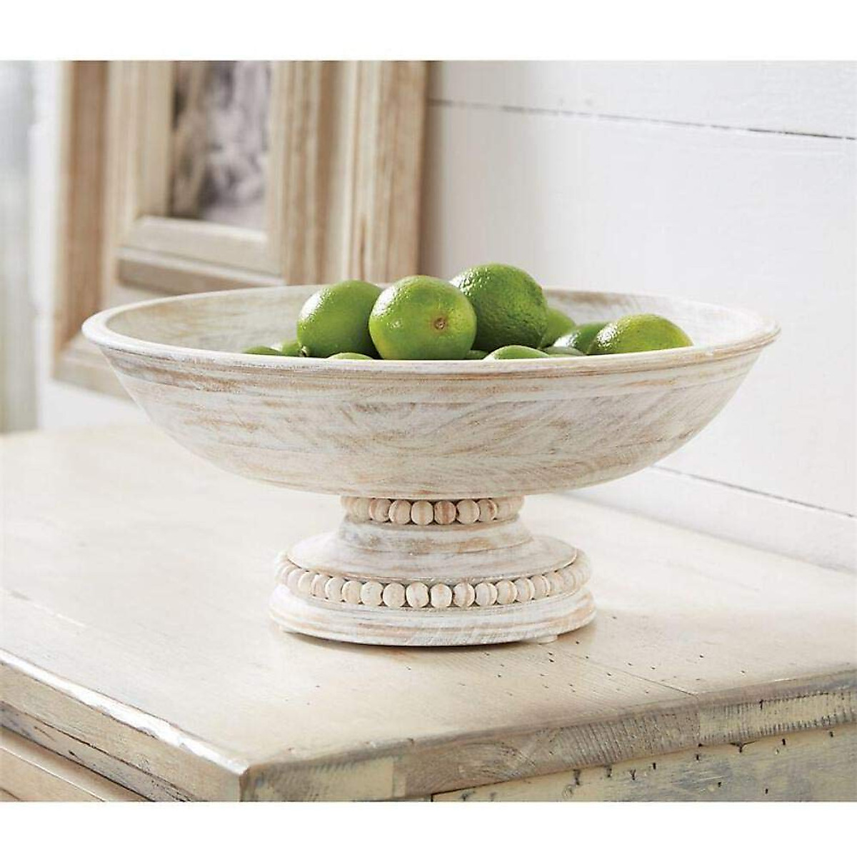 Mud Pie Beaded Wood Pedestal Bowl, White, 6" x 14" dia & 47100002 Farmhouse Washed Beaded Wood Pedestal Paper Towel Holder, 16" x 6" Dia, White, Grey