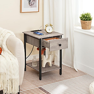 HOOBRO Nightstands Set of 2 with Charging Station, End Tables Set of 2 with Storage Drawer, Bedside Table with USB Ports and Outlets, Night Stand for Bedroom Greige and Black BG40UBZP201