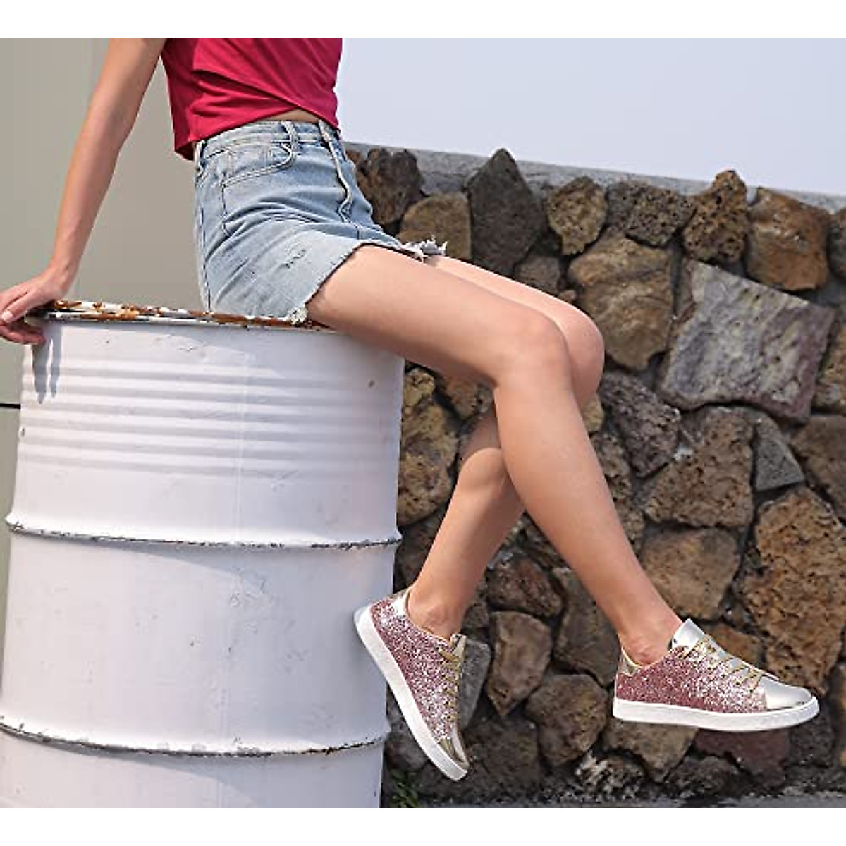 LUCKY STEP Glitter Sneakers Lace up | Fashion Sneakers | Sparkly Shoes for Women (10 B(M) US, Gold)