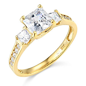 TWJC Wedding Collection 14k Solid Yellow Gold 1.75 Ct. 3 Stone Princess Cut Engagement Ring Band - Size 8