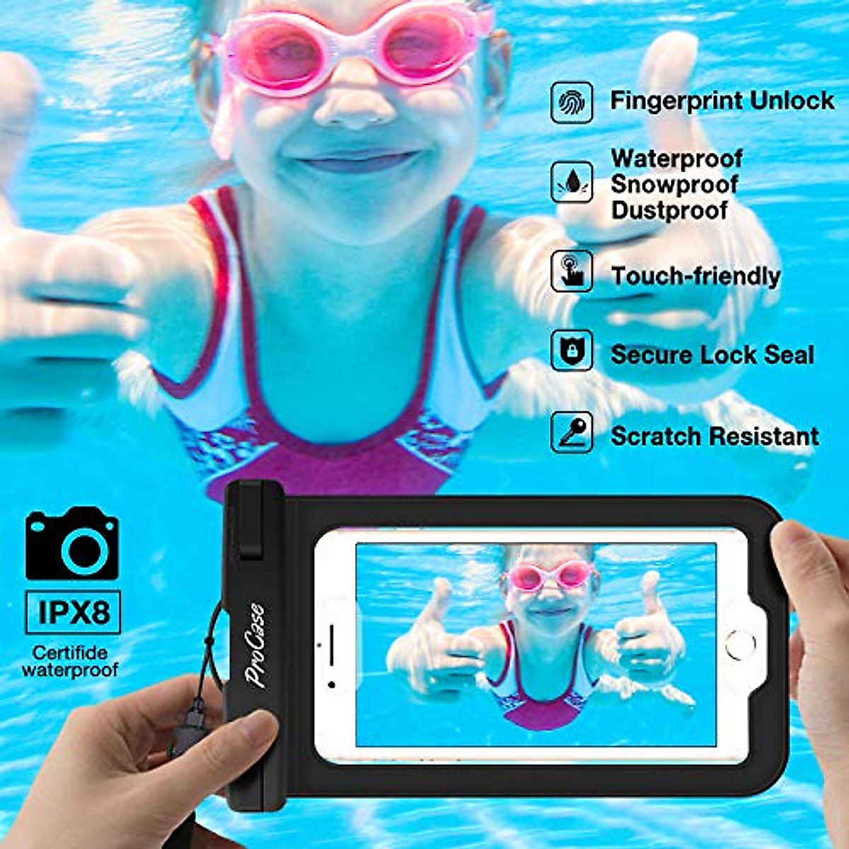 ProCase Waterproof Case with Touch ID, Cellphone Dry Bag Pouch for iPhone Xs Max XR XS X 8 7 6S Plus with Fingerprint Recognition, Galaxy S10 S10e S9 S8+ up to 6.0" - 2 Pack Black