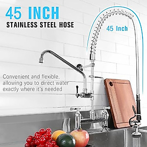 Spray Valve with 45" Flexible Stainless Steel Hose & Pre-Rinse Overhead Spring, Commercial Faucet Flexible Hose with Spray Head Replacement Kit for Commercial Restaurant Industrial Kitchen Sink Faucet