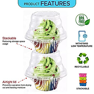MAQ's 100 Packs Individual Cupcake Containers, Stackable Single Compartment Transparent Cupcake Boxes for Muffins, BPA Free Plastic Disposable Cupcake Carrier with Airtight Lid for Wedding