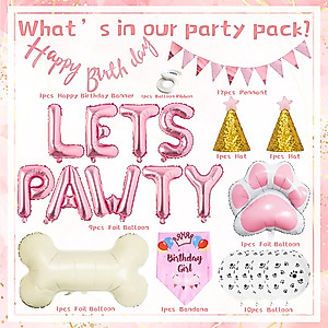 Dog Birthday Decorations Girls - Dog Party Decorations Cute Dog Girl Birthday Bandana Hats Happy Birthday Banner Pennant Pink Dog Paw Bone Foil Balloons for Pet Puppy Party Supplies