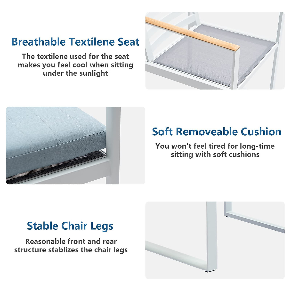 LebenLiebe Outdoor Dining Chair Set Patio Dining Chairs Set of 2 with Seat Cushions Aluminum Outdoor Furniture Chair with Teak Armrest for Garden,White Frame