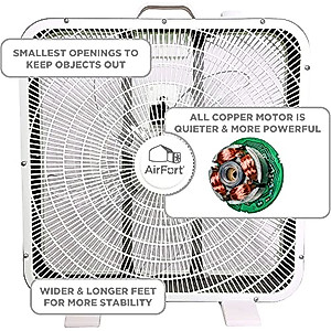 AIR FORT 20" inch Box Fan - 3 Settings, Carry Handle, White Square Fan