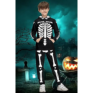 Kid Girls Skeleton Bone Hooded Sweatshirts Skull Halloween Pullover Hoodies for Boys 7-8 Years