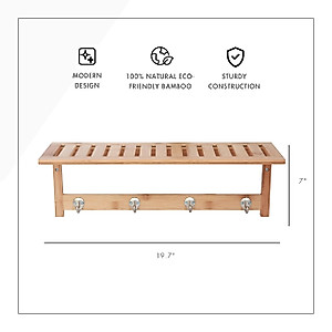 ToiletTree Products 100% Bamboo Wooden Natural Shelf with 4 Stainless Steel Hooks