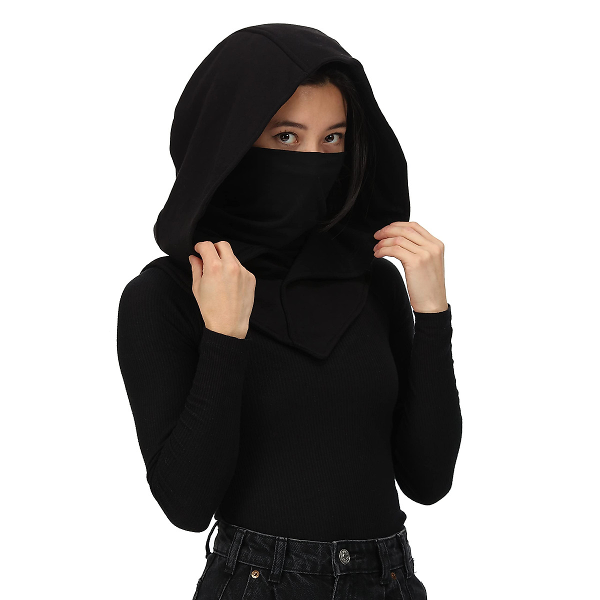 Rogue Ninja Hood Cyberpunk Mask Assassin Cosplay Techwear Cowl Ren Faire (Black)