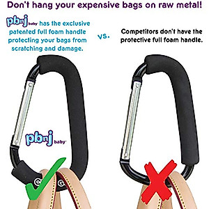 PBnJ baby Stroller Hooks for Hanging Diaper Bags - Mommy Stroller Clip and Stroller Accessories Organizer Hook - Large Carabiner Clips for Mom Purse Shopping Grocery Bag and Accessory - (2 Pack)