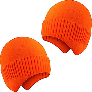 2 Pieces Beanie Watch Hat Winter Ear Flaps Skull Cap Warm Cuff Knit Hat with Plush for Men Outdoor Hunting (Orange)