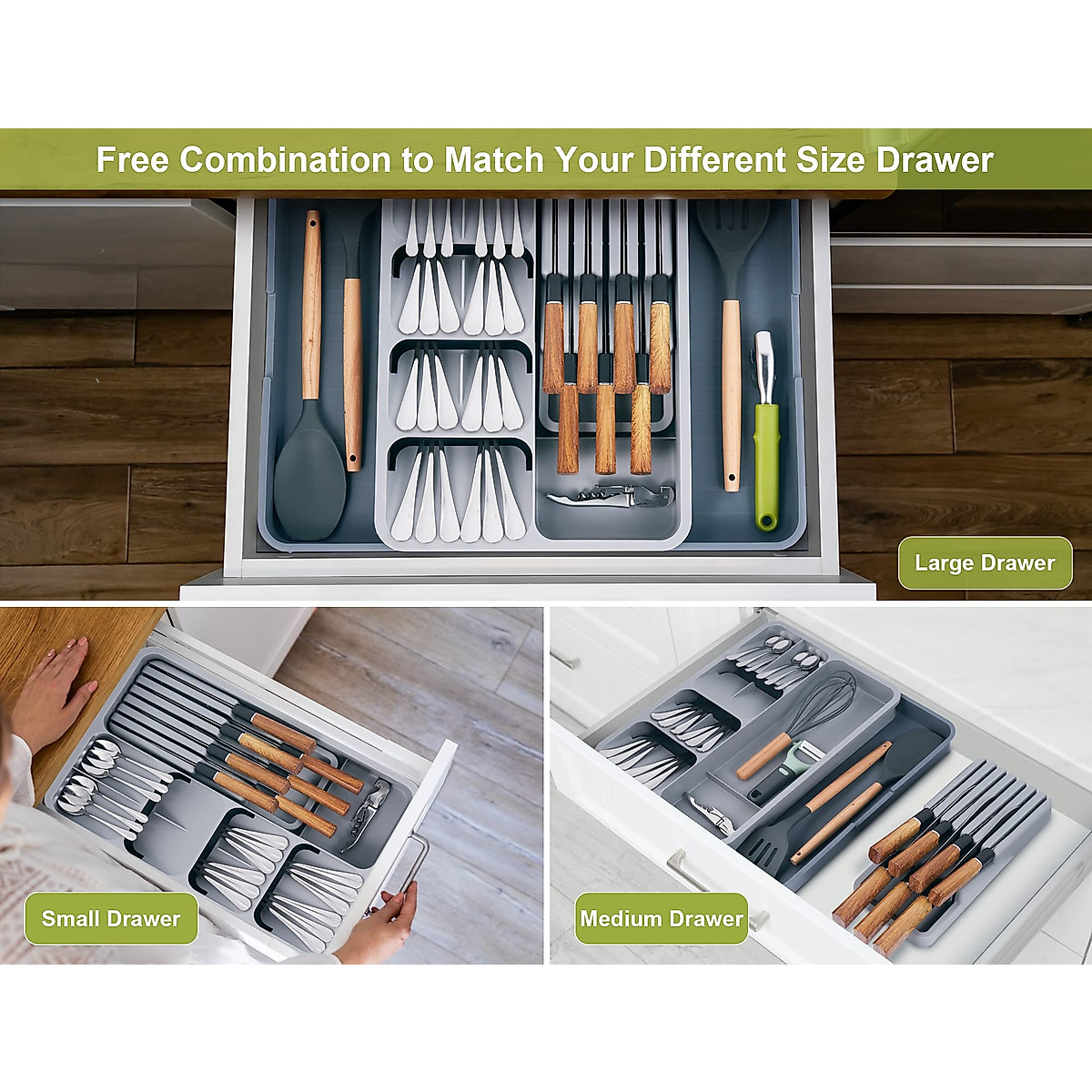 SOMIER Kitchen Utensil Drawer Organizer, Removable 2-Tier Knife Holder, Expandable Cutlery Tray for Silverware, Flatware and Utensils, Large Kitchen Drawer Dividers for Spoons, Forks, Knives, Gray