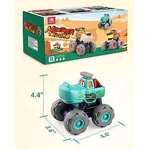 Coogam Friction Powered Cars 3PCS, Push and Go Construction Monster Vehicle Animal Trucks Toy Set, Gift for Birthday Baby Shower Xmas Year Old Toddler Girls Boys