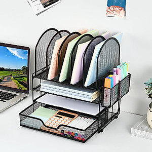 ORDROLL Desk Paper Organizers and Accessories - 4-Tier Paper Letter Tray Organizer with File Holder,Drawer and 2 Pen Holders,Desk Accessories & Workspace Organizers for Office,School,Home (Black)