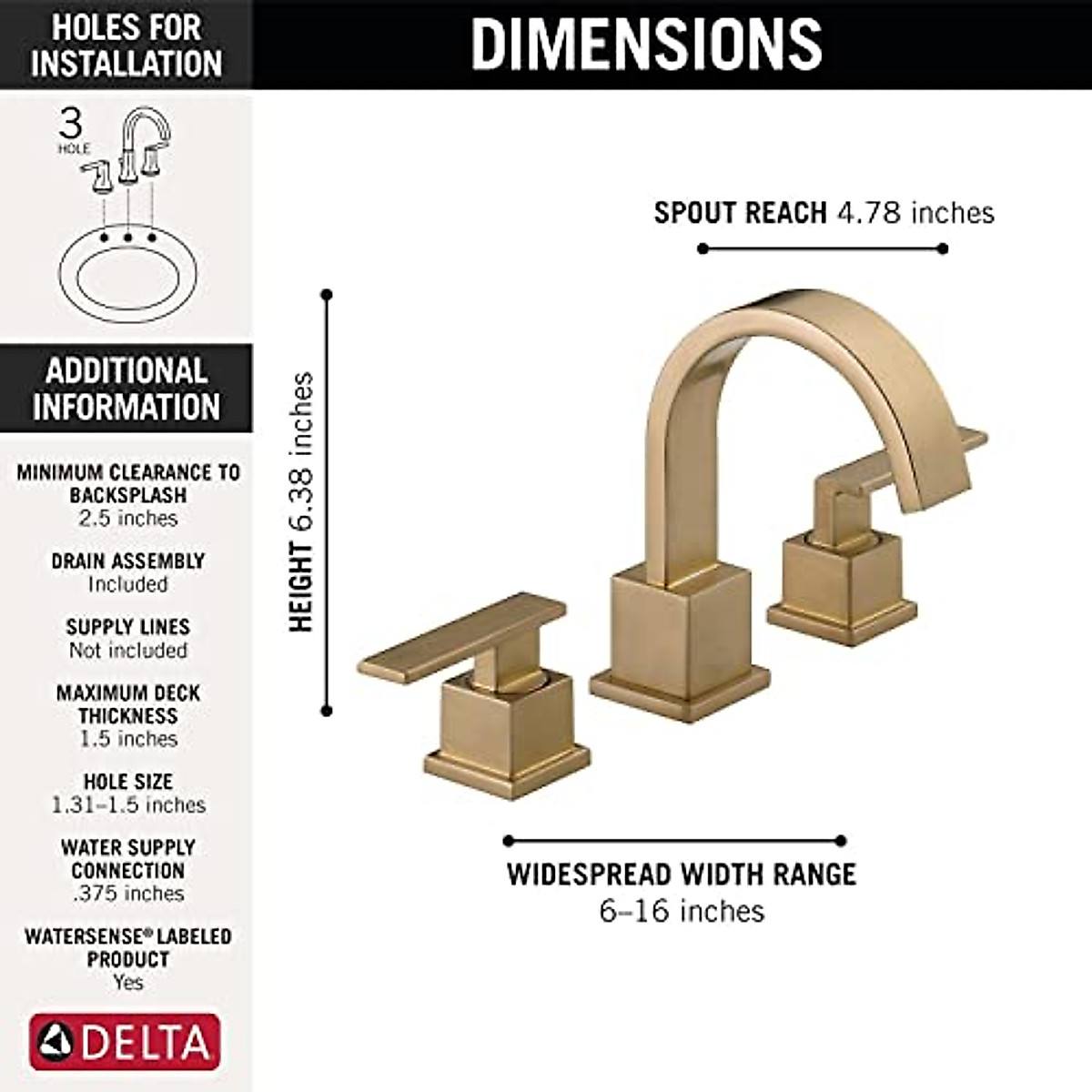 Delta Faucet Vero Widespread Bathroom Faucet 3 Hole, Gold Bathroom Faucet, Bathroom Sink Faucet, Metal Drain Assembly, Champagne Bronze 3553LF-CZ