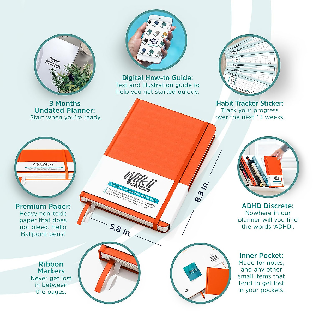 Wilkii Life Planner ADHD Planner For Adults - 90 Day, A5, Undated Weekly & Daily Planner to Increase Productivity & Achieve Goals, ADHD Organization with Mindful Exercises, Soft Touch Cloth Cover, (Red)