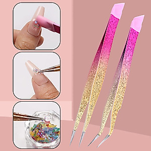 2pcs Double Ended Nail Art Tweezers for Women,Stainless Steel Tweezer Set Straight Tip Curved Tweezers Precision Lash Tweezers for Eyelash Extensions Pointed Tweezers for Crafts Rhinestone Picker Tool