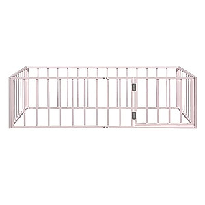 SIYSNKSI Twin Size Floor Bed with Fence and Door, Metal Floor Bed Frame, Montessori Bed Platform Bed Frame for Kids Boys Girls, Easy Assembly (Pink + Metal-3)