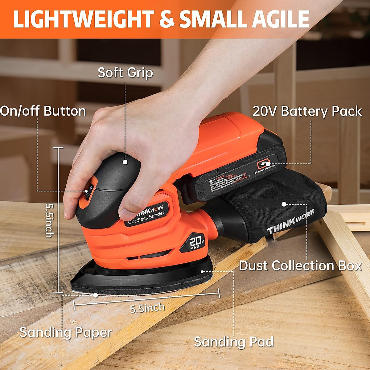 THINKWORK Cordless Detail Sander - 20V Electric Sander Tool with 21Pcs Sandpapers, 12000 OPM Power Sander with Dust Collection, Battery, Charger, Bag, Compact Hand Sanders for Woodworking,Sanding