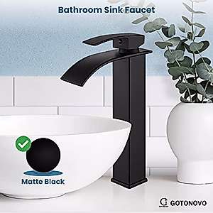 Vessel Sink Faucet Waterfall Spout Deck Mount Bathroom Matte Black Stainless Steel 304 Bowl Basin One Hole One Handle Mixer Tap with Pop Up Drain