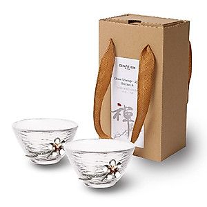 ZENATION Japanese hammered glass exquisite -set of 2 tea cups/sake cups, with tin and copper plum blossom decoration-A, 2.3 fluid ounces