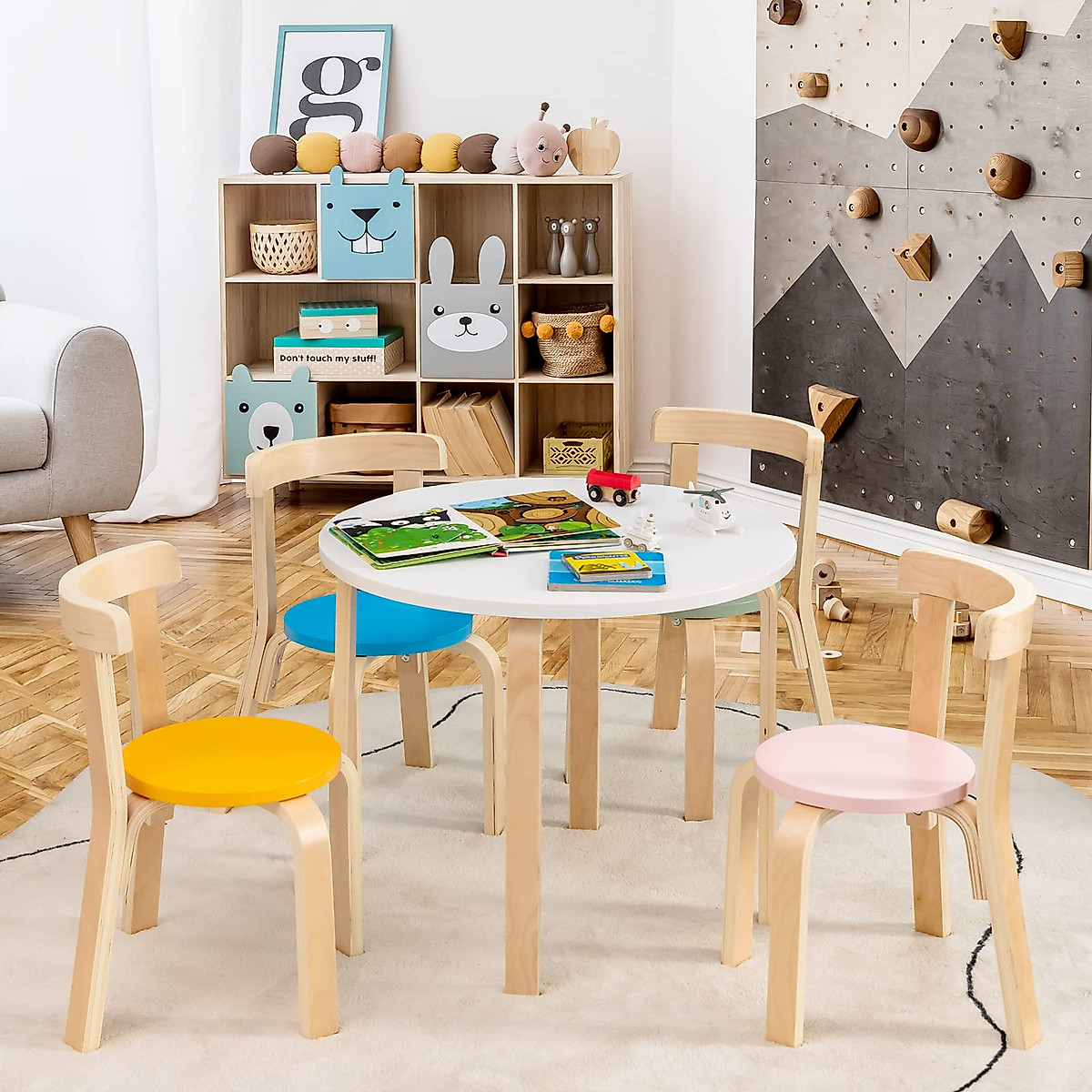 Costzon Kids Table and Chair Set, 5-Piece Wooden Activity Table w/ 4 Chairs, Toy Bricks, Classroom Playroom Daycare Furniture for Playing, Drawing, Reading, Bentwood Toddler Table & Chairs (Assorted)