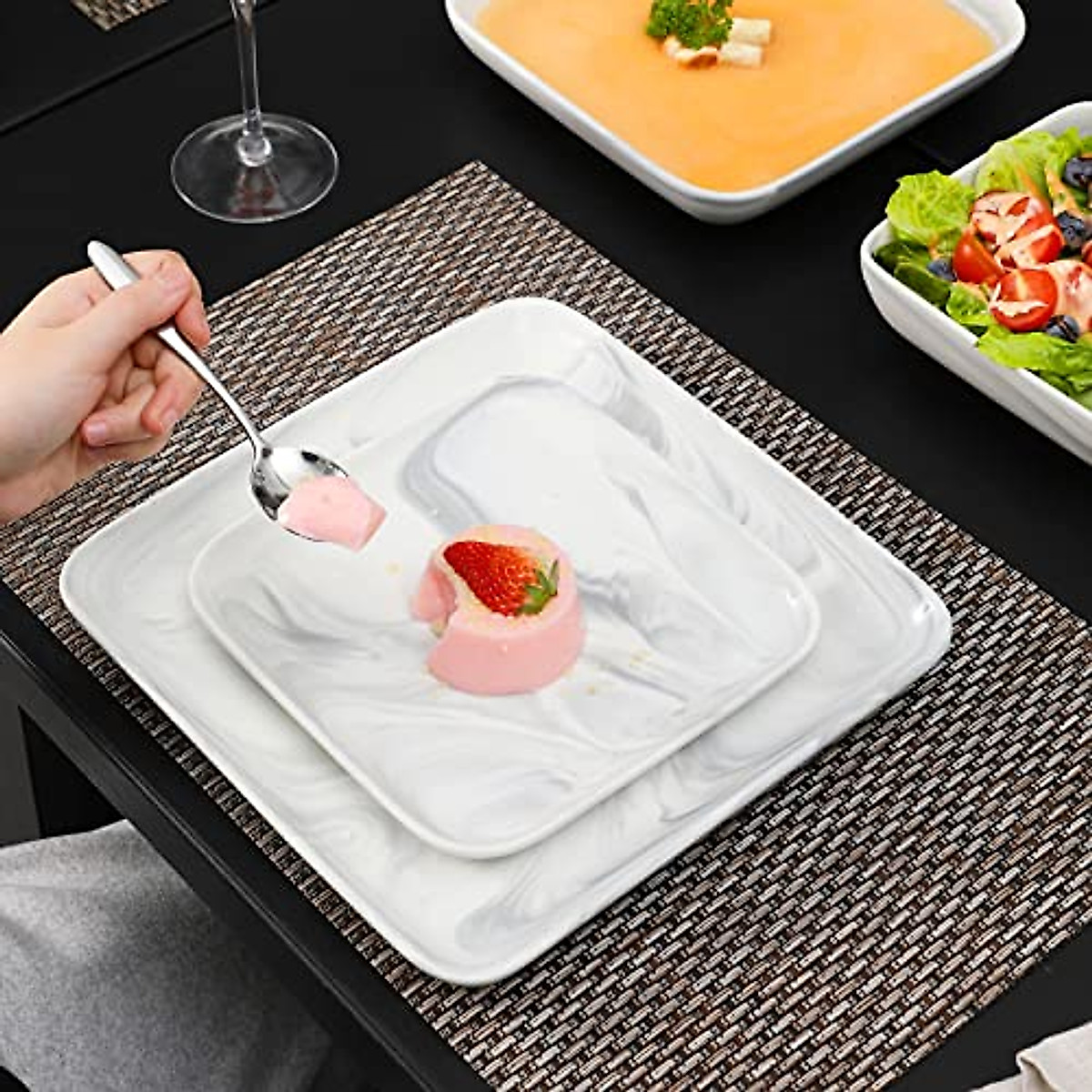 MALACASA Plates and Bowls Sets, 24-Piece Porcelain Dinnerware Sets for 6, Marble Grey Dish Set, Square Dinnerware Set with Dinner Plates and Bowls, Series IVY