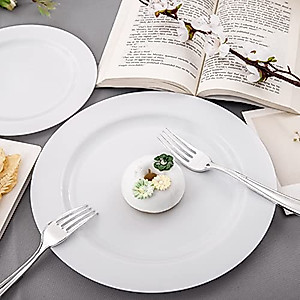 FLOWERCAT 60PCS White Plastic Plates - Heavy Duty White Disposable Plates for Party/Wedding - Include 30PCS 10.25inch White Dinner Plates and 30PCS 7.5inch White Dessert/Salad Plates