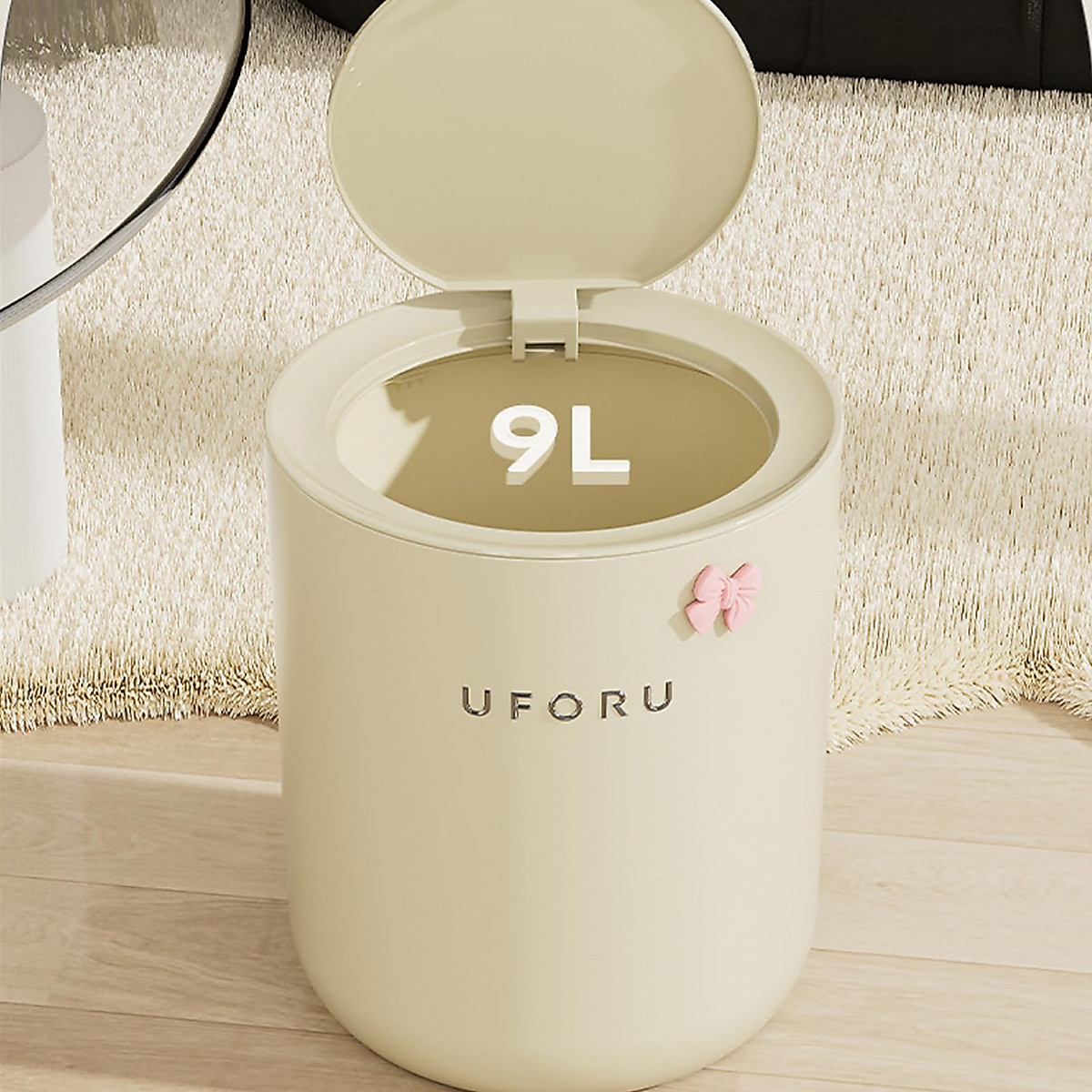 PPUMP Living Room Garbage Can, Round Trash Bin,Trash Can with Lid, Small Kitchen Garbage Can Cream Color, Vanity Wastebasket Trash Bin, Trash Bin, Cute Modern Waste Basket for Living Room Toilet