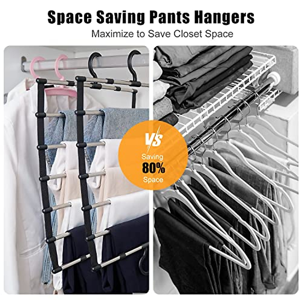 Frqianly Pants Hangers Space Saving, 2 Pack Multiple Pants Hangers for Closet, Jean Hangers Scarf Holder Closet Space Saving Hangers, Pants Rack Leggings Hanger Space Saver Closet Organization（Black）