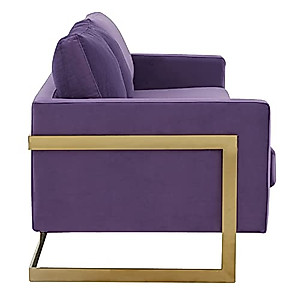 LeisureMod Lincoln Modern Mid-Century Upholstered Velvet 83" Sofa with Gold Frame, Purple