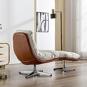 BESTANO Swivel Accent Chair with Ottoman, Mid Century Modern Faux Sherpa Lounge Chair with footrest, Fluffy Oversized Armchair with 360 Degree Metal Base for Living Room/Bedroom, Cream