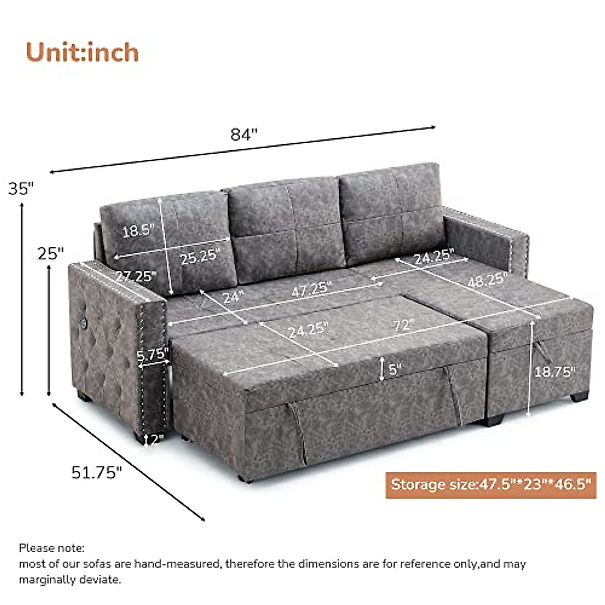 WOJ Life 84" Sectional L Shaped Sofa, Modern Modular Convertible Corner Couch, Two Seats Sofá Bed with 2 USB Chargers, Storage Chaise, Sleeper Independent Use as Coffee Table, Nail Headed, Gray