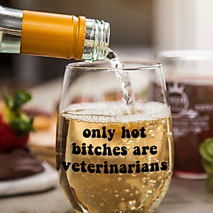 Only Hot Bitches are Veterinarians - Future Vet Graduation Gifts for Women Her - Best Veterinary School Student Present for Birthday Christmas Appreciation Day - 15 oz Stemless Wine Glass