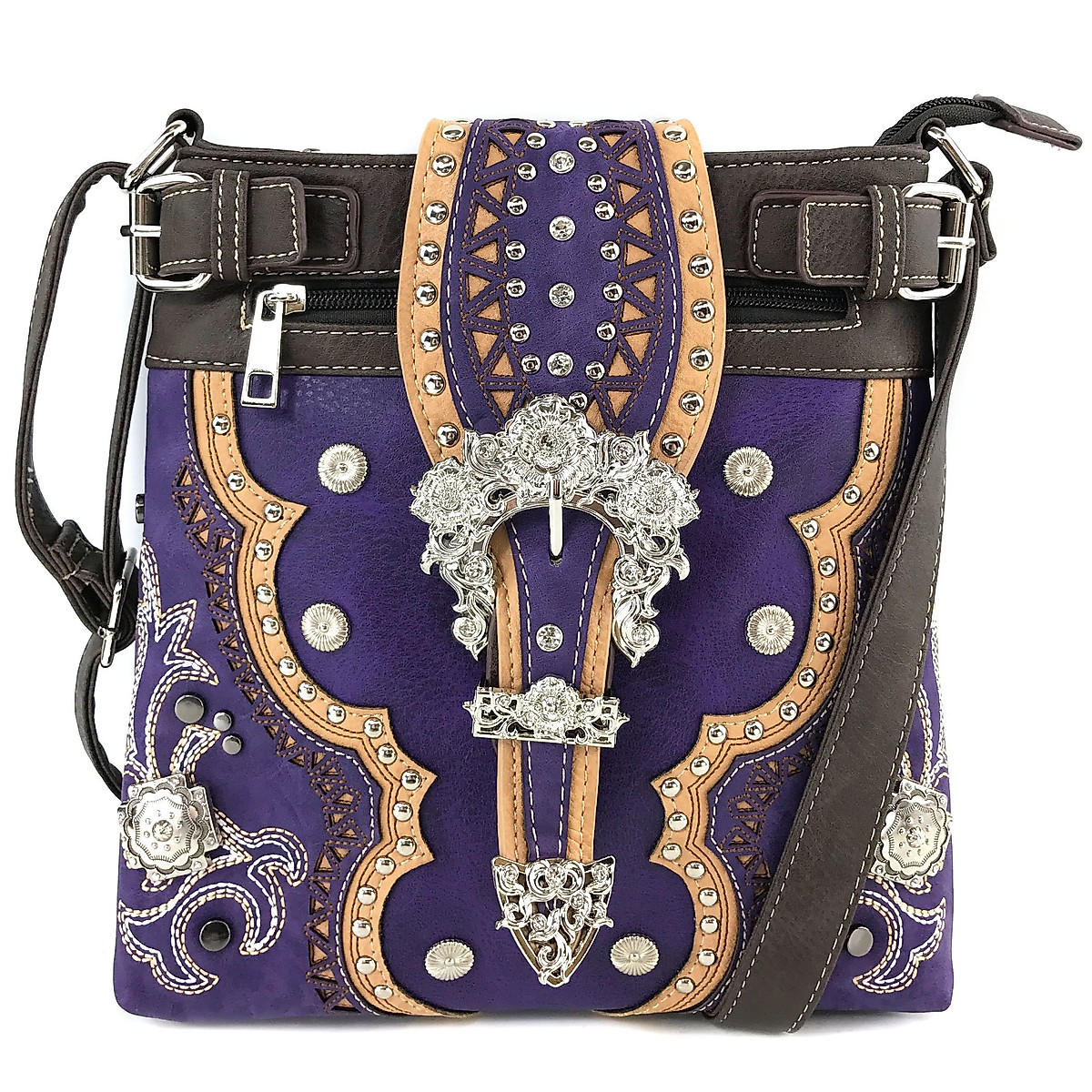 Justin West Concealed Carry Western Silver Flower Buckle Laser Cut Embroidered Triple Layer Studded Crossbody Messenger | Trifold Wallet (Purple Messenger ONLY)