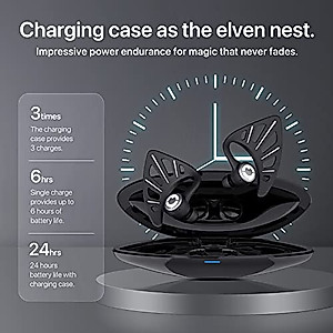 YOWU Elf Ear Headphones, Wireless 5.0 Earphones, 10 Colors RGB Effects with App Control, Dual Microphone Noise Reduction, IPX4 Water Resistant, Elf in-Ear Earbuds with Charging Case -Black