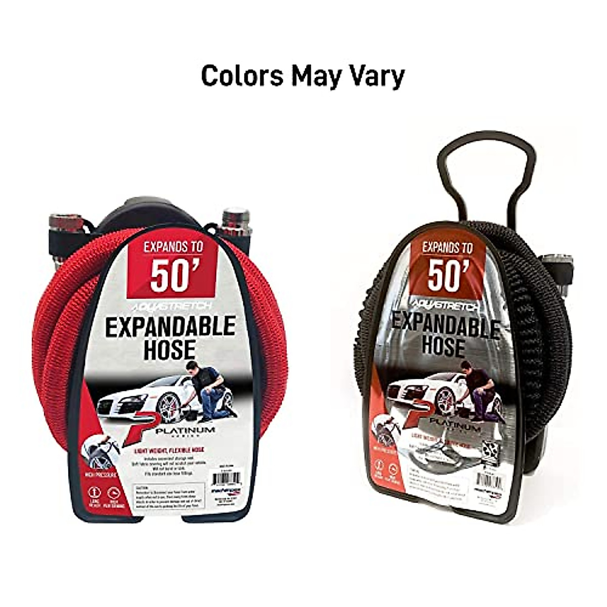 AquaStretch Expandable Garden Hose 50 ft, Lightweight, Heavy-Duty, Stretchable, Flexible Water Hoses with Storage Reel Rack, Fits All Standard Nozzles and Taps, Comes in Black or Red, Colors vary