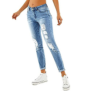 RHODANTHE Women's Ripped Boyfriend Jeans Stretch Skinny Trendy Jean Women Straight Distressed Jeans