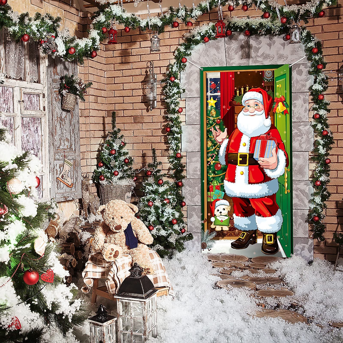 Christmas Door Cover Decoration Christmas Santa Claus Door Cover Xmas Door Hanging Banner Christmas Santa Background Banner for Home Front Door Holiday Christmas Decoration (Bright)