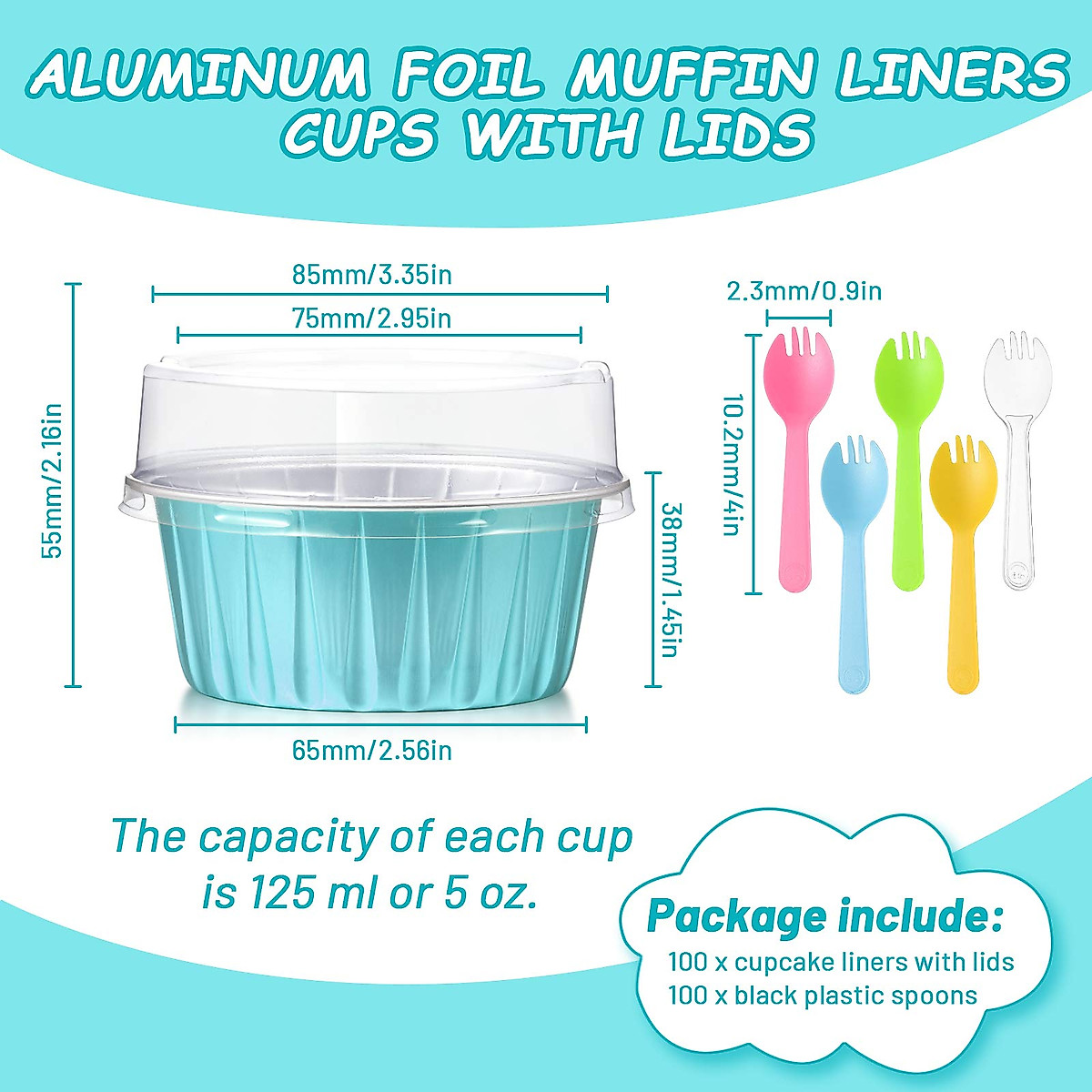 Suclain 5 OZ Aluminum Foil Baking Cups with Lids and Spoons Include Muffin Liners Cups Reusable Foil Cupcake Ramekins, Colorful Plastic Sporks for Birthday Wedding Party (Mixed Color,200 Pieces)
