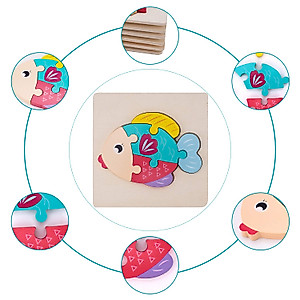 Wooden Toys 3D Animal Toddler Puzzles, Wooden Jigsaw Puzzle Set, 6 Pack Animal Shape Color Montessori Toy, Preschool Toys for Age 3+ Kids Early Educational Toys MM-P-06