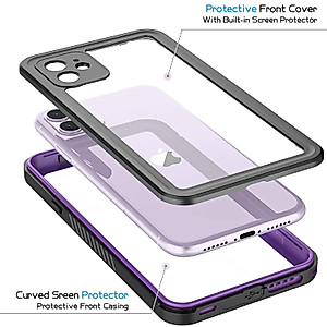 VAPESOON Compatible with iPhone 11 Waterproof Case, Built-in Screen Protector Full-Body Rugged Bumper Sealed Cover Shockproof Dustproof Waterproof Case for iPhone 11 6.1 inch (Purple/Clear)