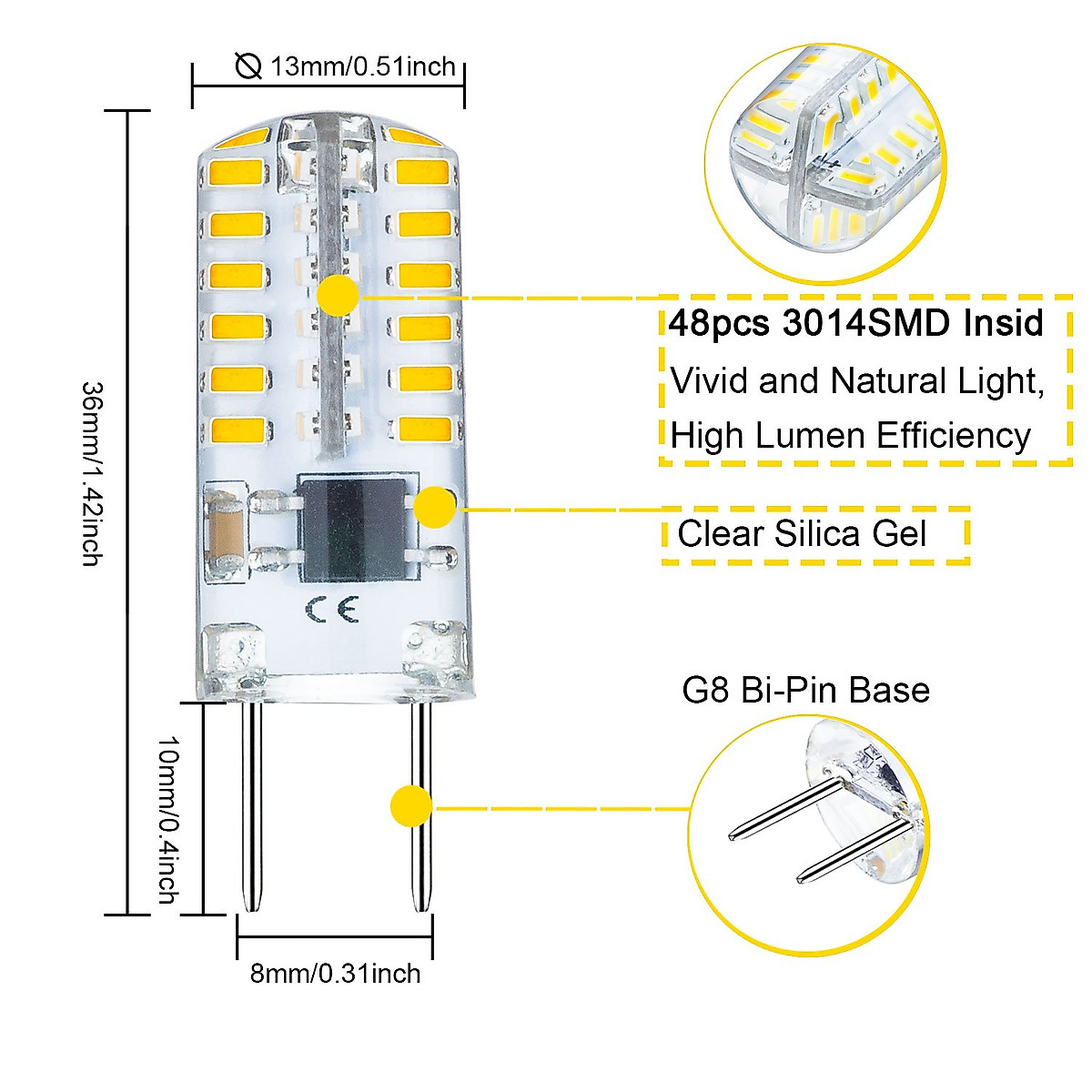 LEKE G8 Bulb T4 G8 bi pin LED Bulb 2.5W Equivalent to G8 Halogen Bulb 20w,G8 LED Dimmable Light Bulb Warm White 3000k,AC 110v 120v 130v(6 Pack)