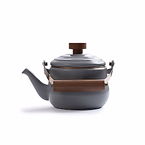 Barebones Enamel Teapot - Vintage Inspired Design - Baked Stainless Steel Rim - FSC Certified Natural Walnut handle Tea Kettle - 1.5 Liters, 6 Cups (Slate Gray)