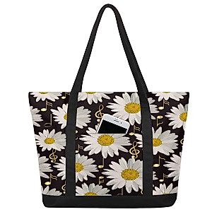 AUUXVA Flower Daisy Music Notes Pattern Canvas Tote Bags Zipper Closure Large Teacher Tote Women Handbag Tote Purse Shoulder Bag with Inner Pockets for Office, Travel