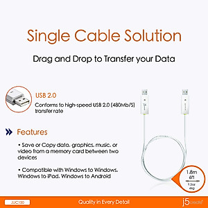 j5create JUC100 Data, Keyboard, and Mouse Sharing/Transfer USB Cable [ Wormhole Switch Windows to Windows ] Transfer Data Between 2 Windows PC