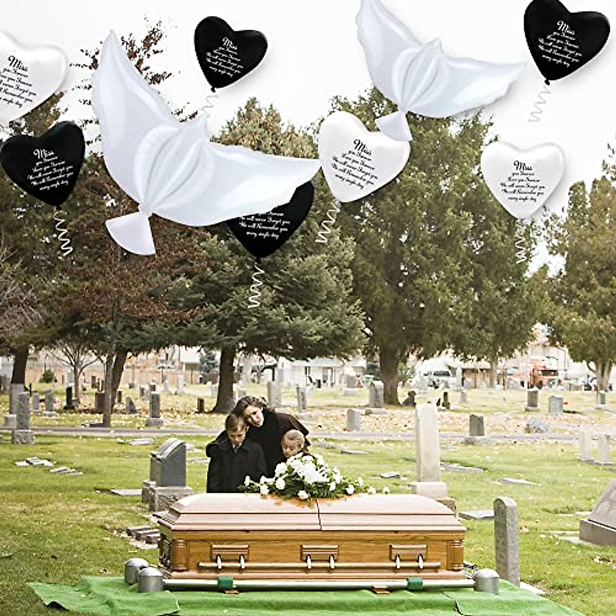 50 PCS Memorial Balloons Set with 40 PCS White and Black Memorial Balloons 8 PCS Peace Dove Balloons Pigeon Bird Balloons Funeral Remembrance Balloons 2 Rolls of Ribbons